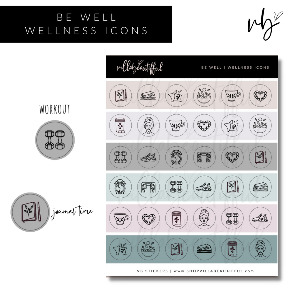 Sticker Sheet | Kit Be Well Wellness Icons – villabeauTIFFul